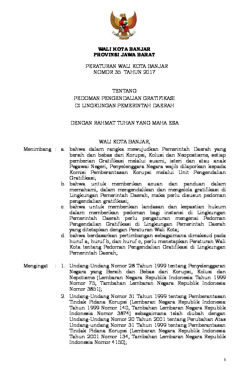 Peraturan Walikota Banjar No 35 tahun 2017 tentang Pedoman Pengendalian Gratifikasi di ...