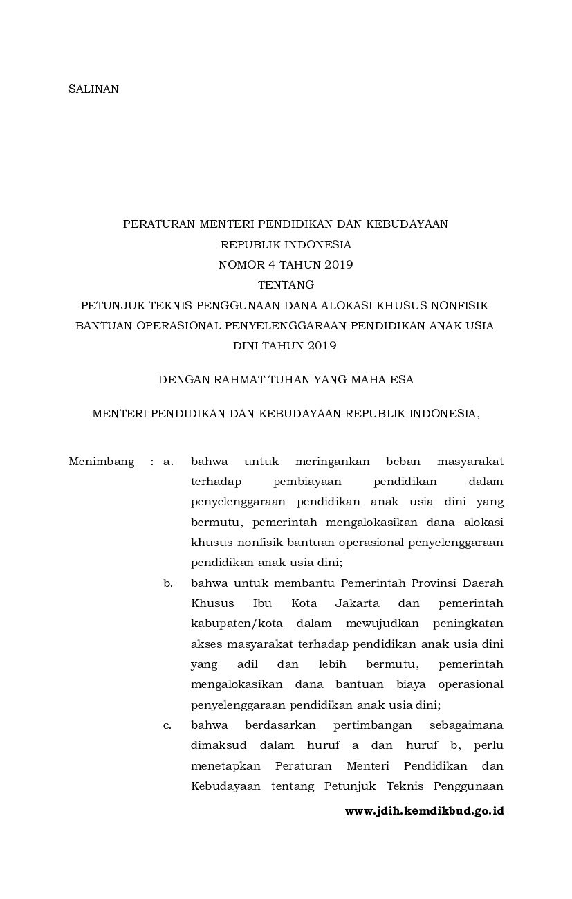 Peraturan Menteri Pendidikan dan Kebudayaan No 4 tahun 2019 tentang Petunjuk Teknis Penggunaan ...