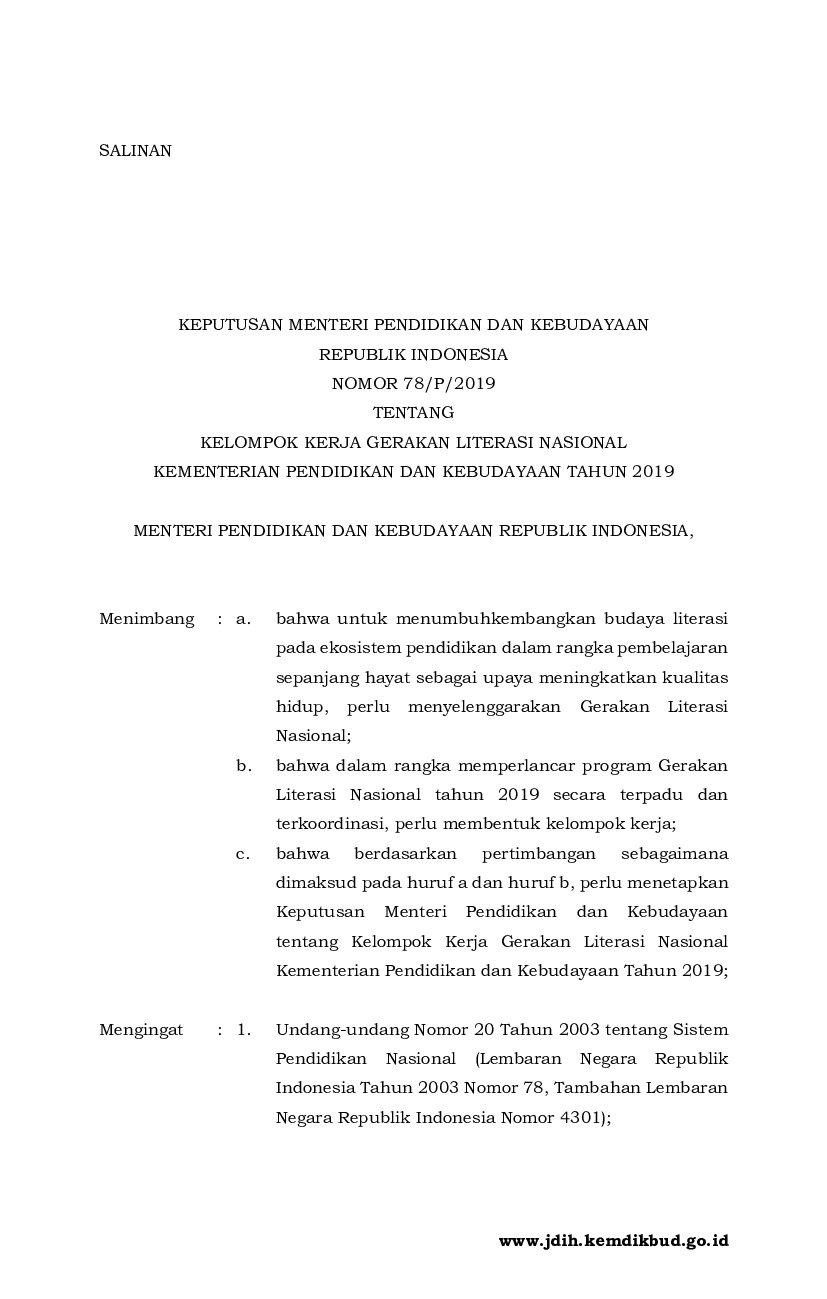 Keputusan Menteri Pendidikan dan Kebudayaan No 78/P/2019 tahun 2019 tentang Kelompok Kerja ...