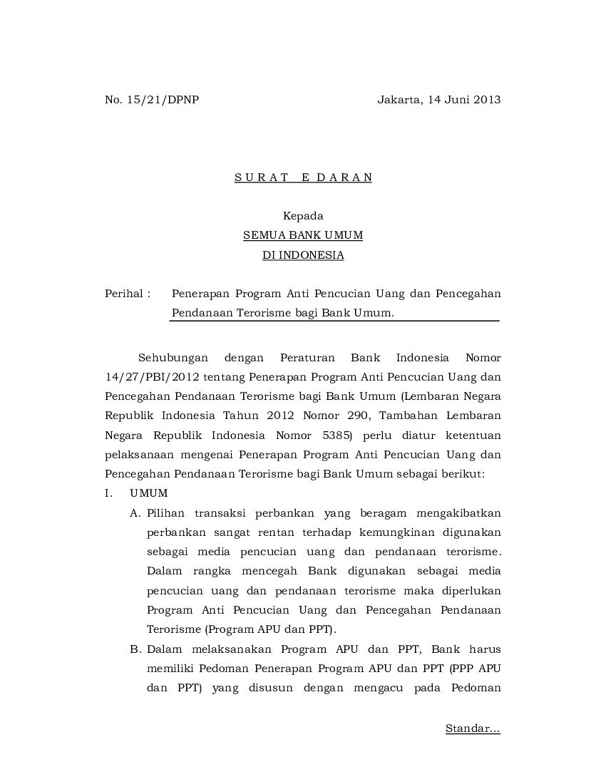Surat Edaran Bank Indonesia No 15/21/DPNP tahun 2013 tentang Penerapan ... Surat Edaran Bank Indonesia No 15/21/DPNP tahun 2013 tentang Penerapan ...