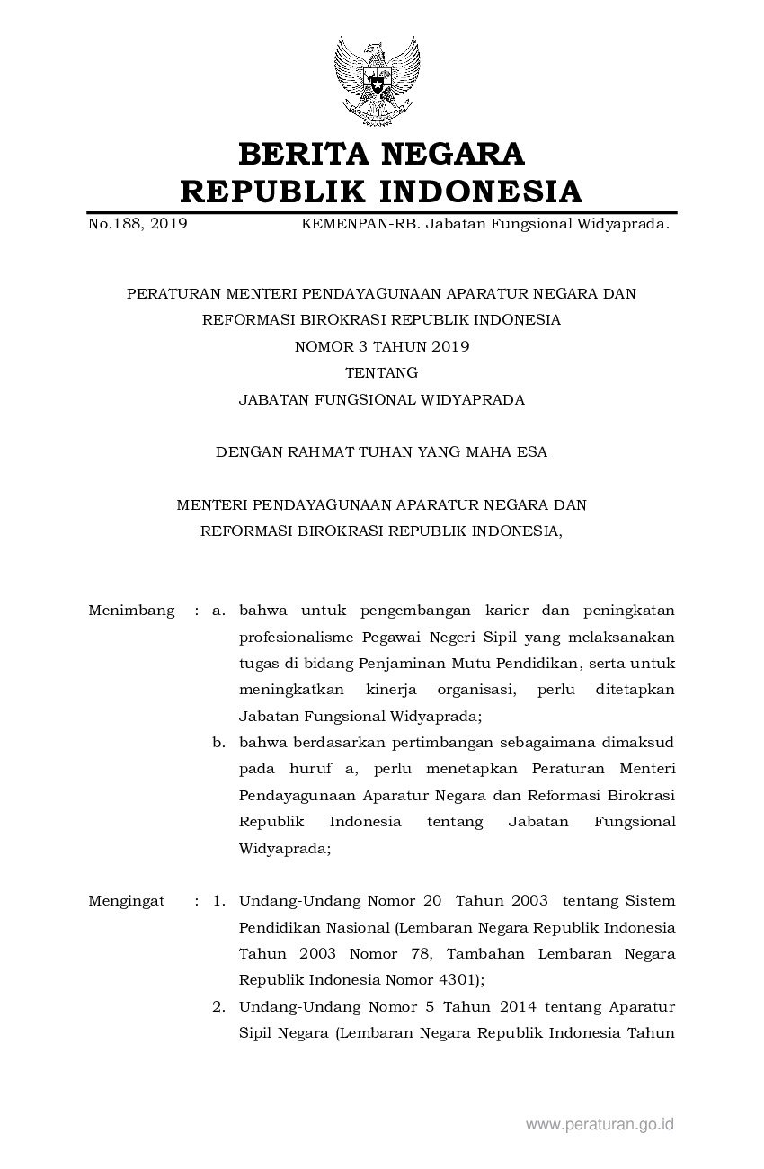 Peraturan Menteri Negara Pendayagunaan Aparatur Negara dan Reformasi Birokrasi No 3 tahun 2019 ...