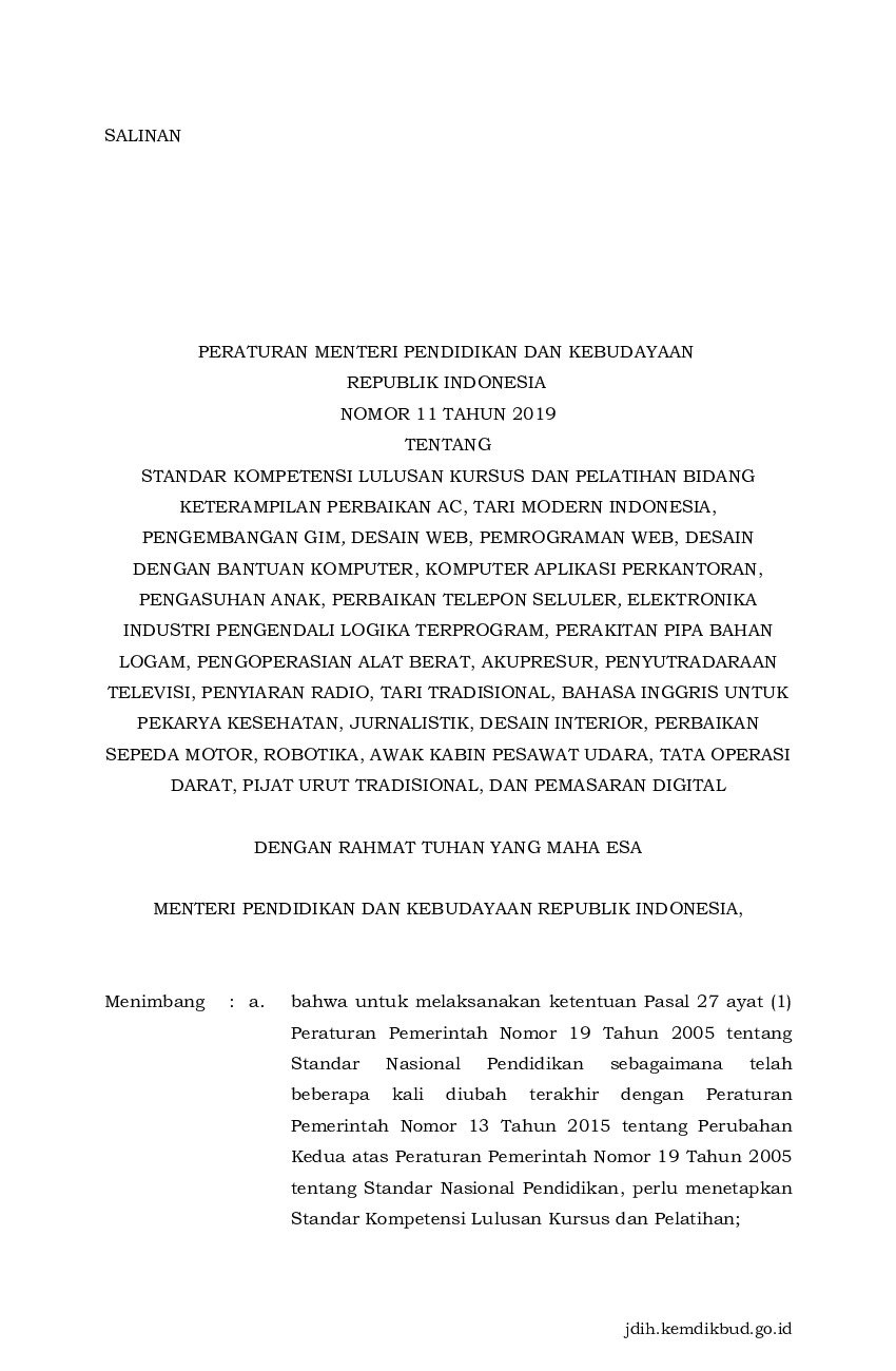 Peraturan Menteri Pendidikan dan Kebudayaan No 11 tahun 2019 tentang Standar Kompetensi Lulusan ...