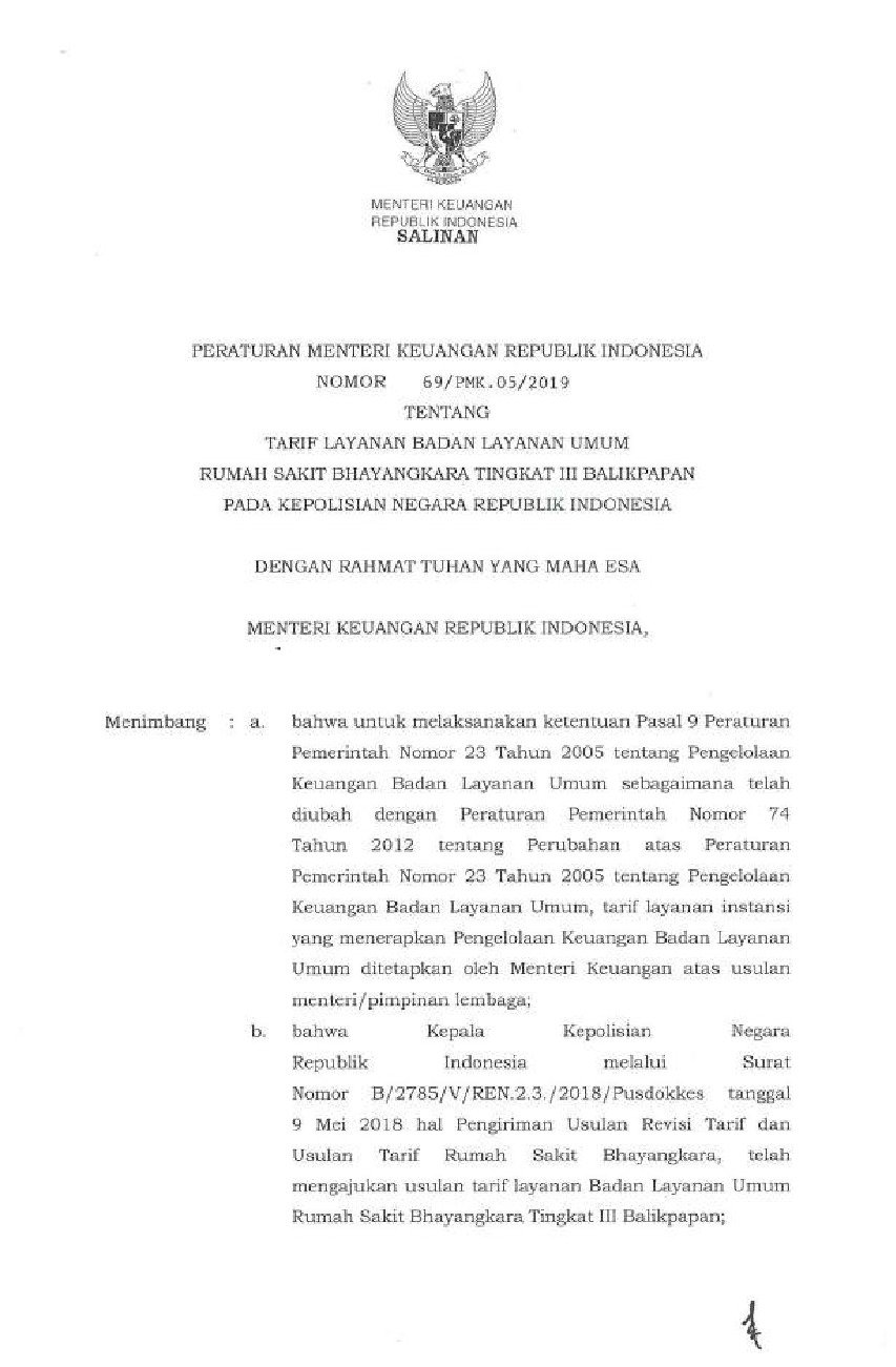 Peraturan Menteri Keuangan No 69/PMK.05/2019 tahun 2019 tentang Tarif ... Peraturan Menteri Keuangan No 69/PMK.05/2019 tahun 2019 tentang Tarif ...