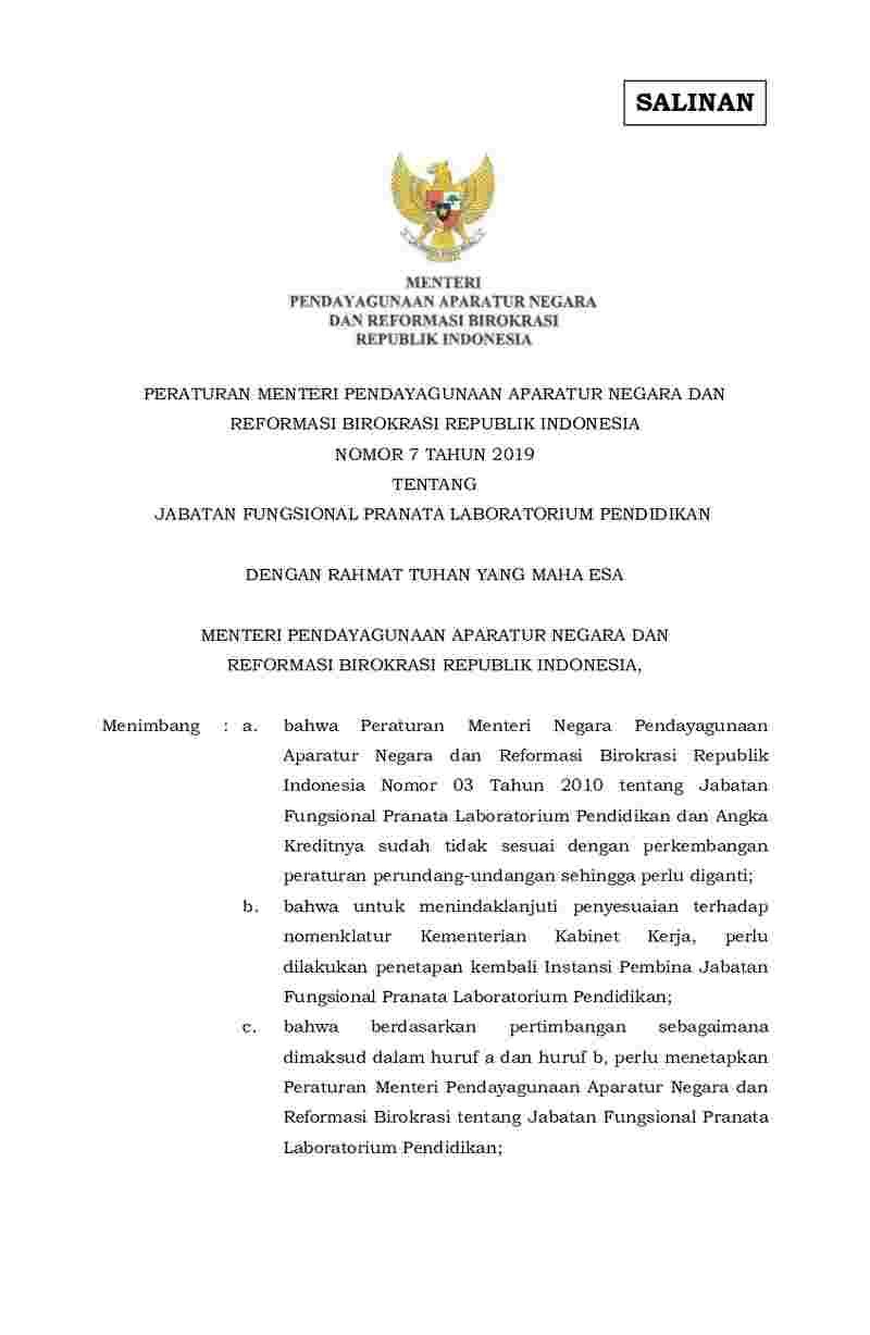 Peraturan Menteri Negara Pendayagunaan Aparatur Negara dan Reformasi Birokrasi No 7 tahun 2019 ...