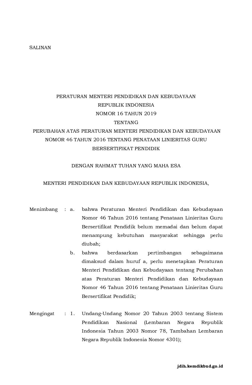 Peraturan Menteri Pendidikan dan Kebudayaan No 16 tahun 2019 tentang Perubahan atas Peraturan ...