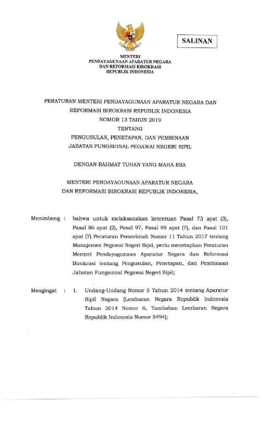 Peraturan Menteri Negara Pendayagunaan Aparatur Negara dan Reformasi Birokrasi No 13 tahun 2019 ...