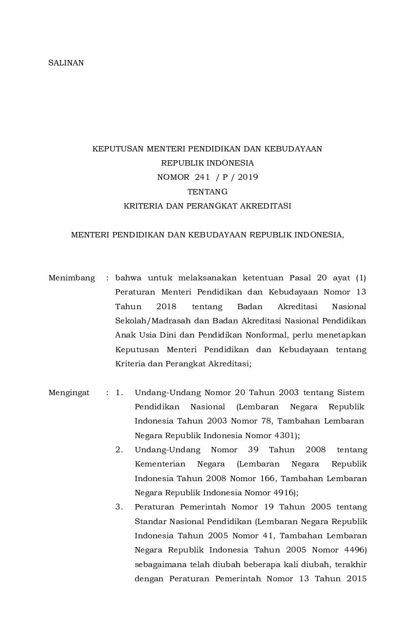 Keputusan Menteri Pendidikan dan Kebudayaan No 241/P/2019 tahun 2019 tentang Kriteria dan ...