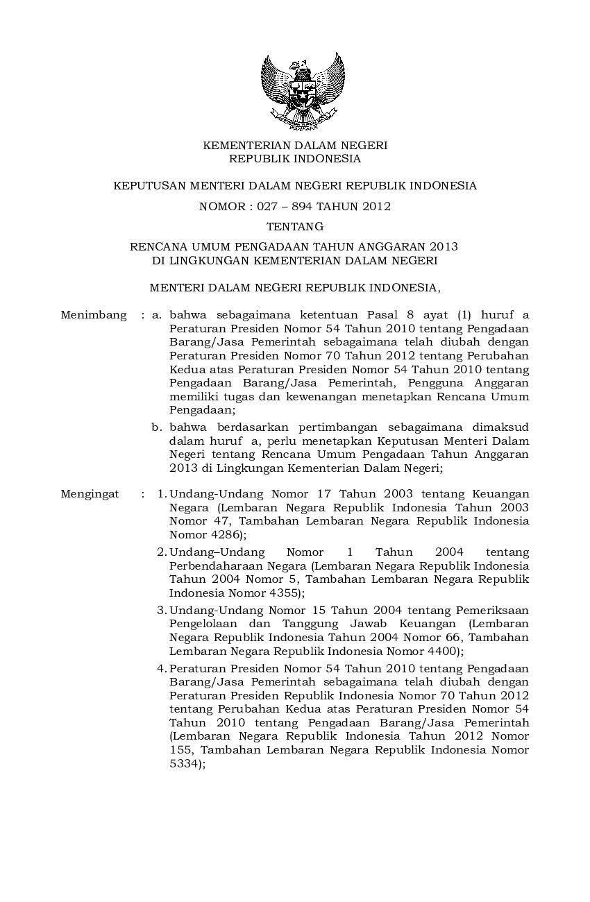 Keputusan Menteri Dalam Negeri No 027-894 tahun 2013 tentang Rencana Umum Pengadaan Tahun ...