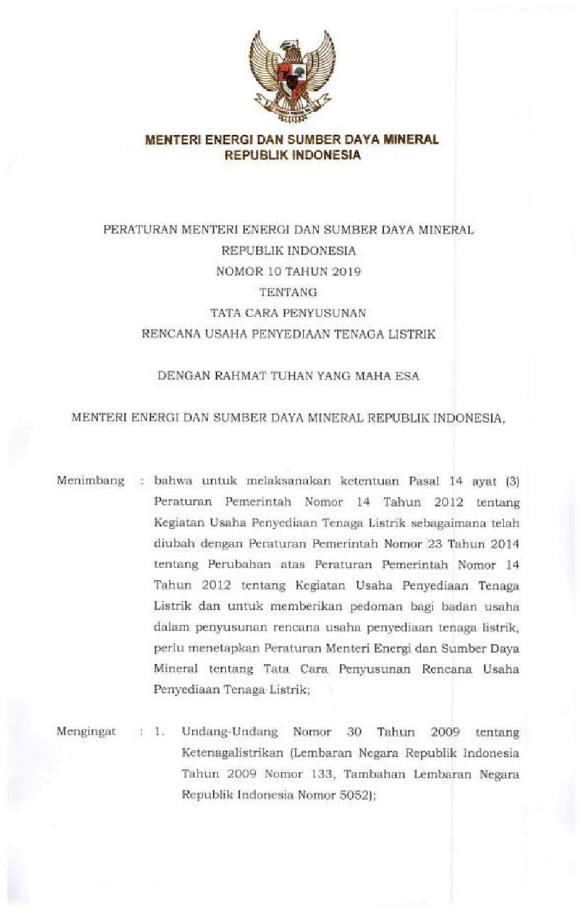 Peraturan Menteri Energi dan Sumber Daya Mineral No 10 tahun 2019 tentang Tata Cara Penyusunan ...
