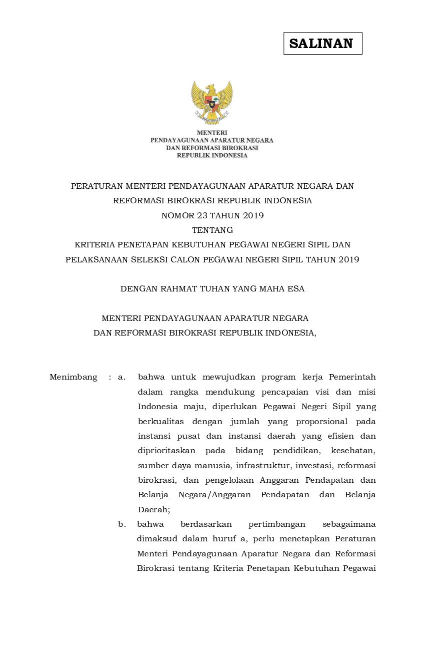 Peraturan Menteri Negara Pendayagunaan Aparatur Negara dan Reformasi Birokrasi No 23 tahun 2019 ...