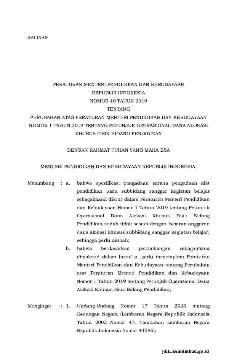 Peraturan Menteri Pendidikan dan Kebudayaan No 40 tahun 2019 tentang Perubahan atas Peraturan ...