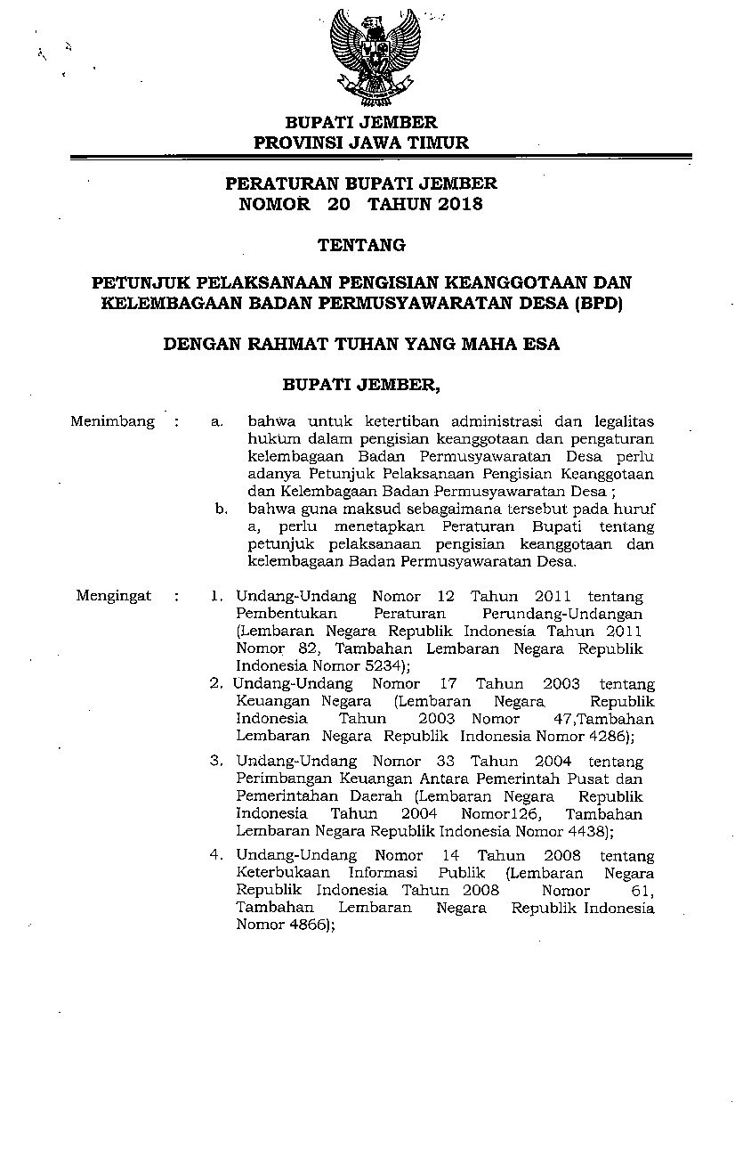 Peraturan Bupati Jember No 20 tahun 2018 tentang Petunjuk Pelaksanaan ... Peraturan Bupati Jember No 20 tahun 2018 tentang Petunjuk Pelaksanaan ...