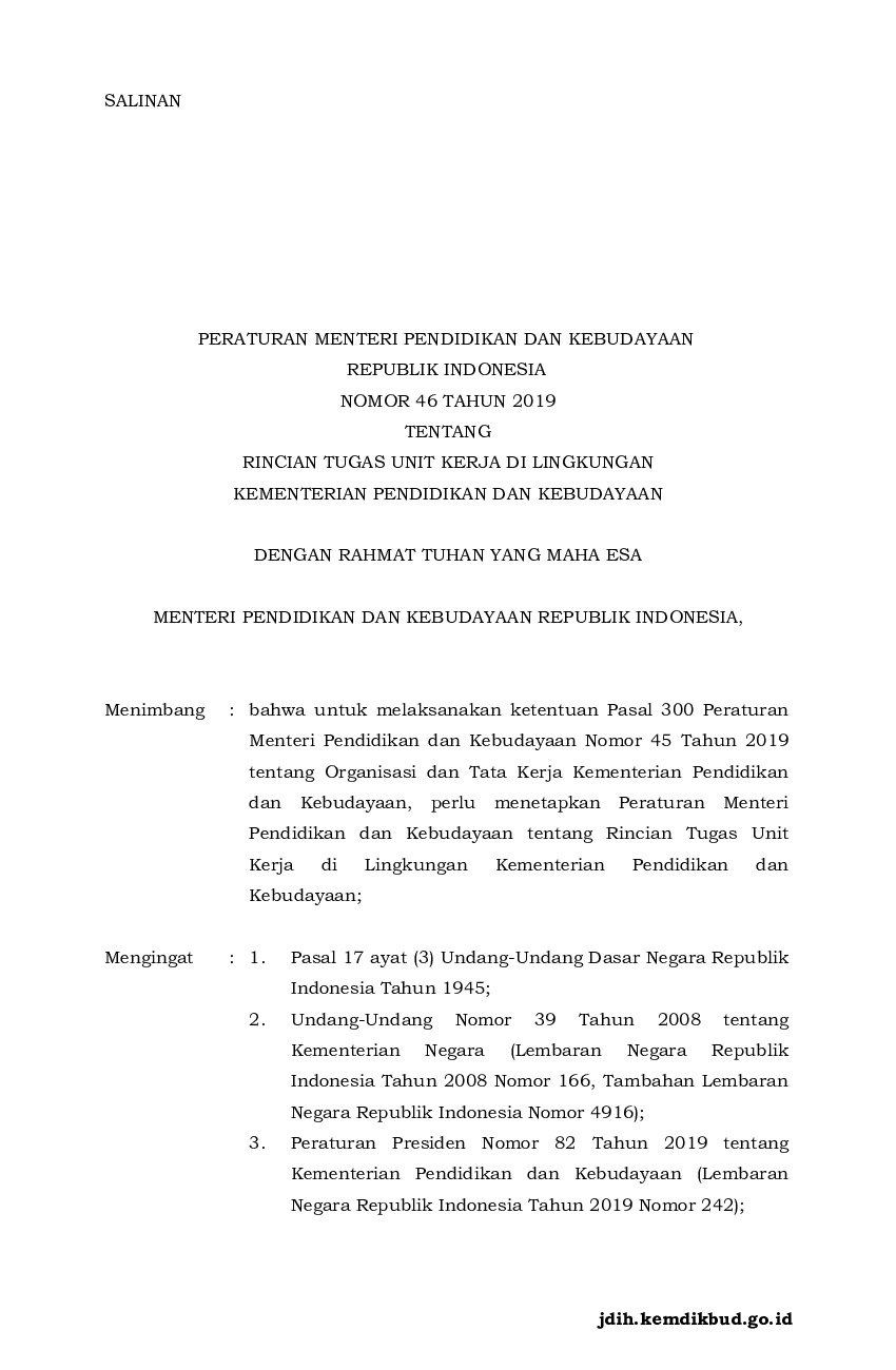 Peraturan Menteri Pendidikan dan Kebudayaan No 46 tahun 2019 tentang Rincian Tugas Unit Kerja di ...