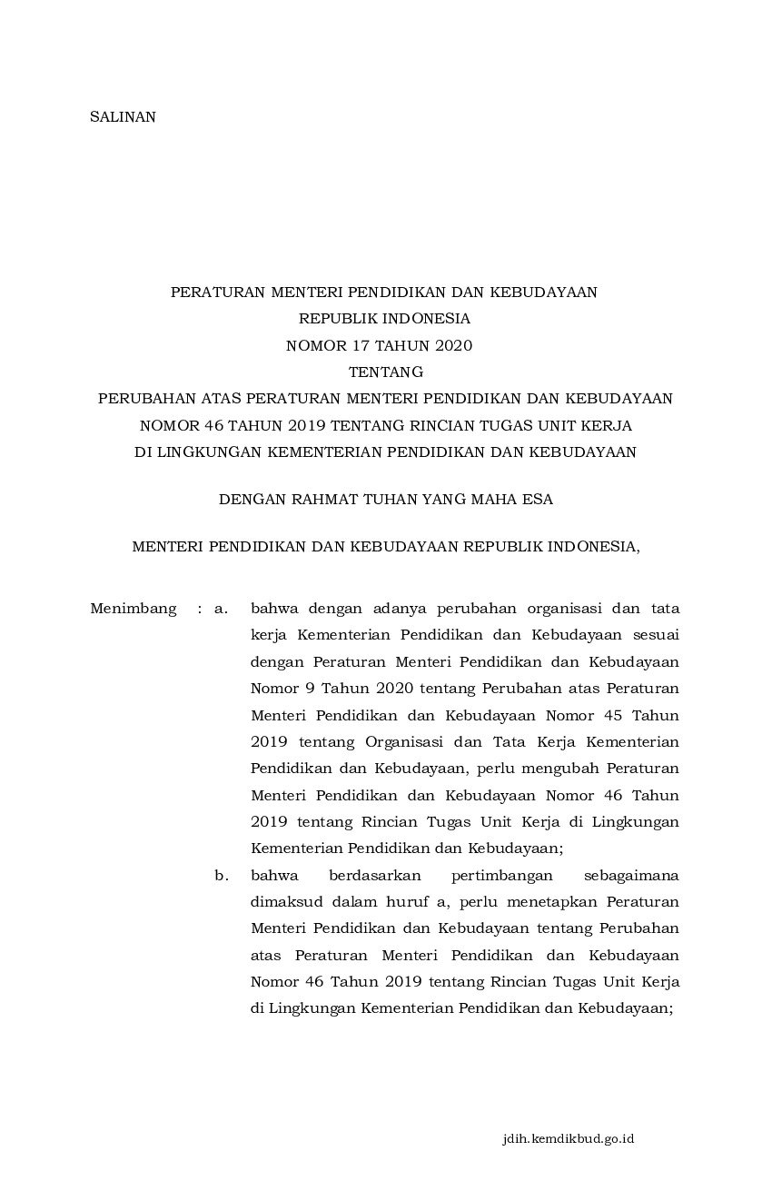 Peraturan Menteri Pendidikan dan Kebudayaan No 17 tahun 2020 tentang Perubahan atas Peraturan ...