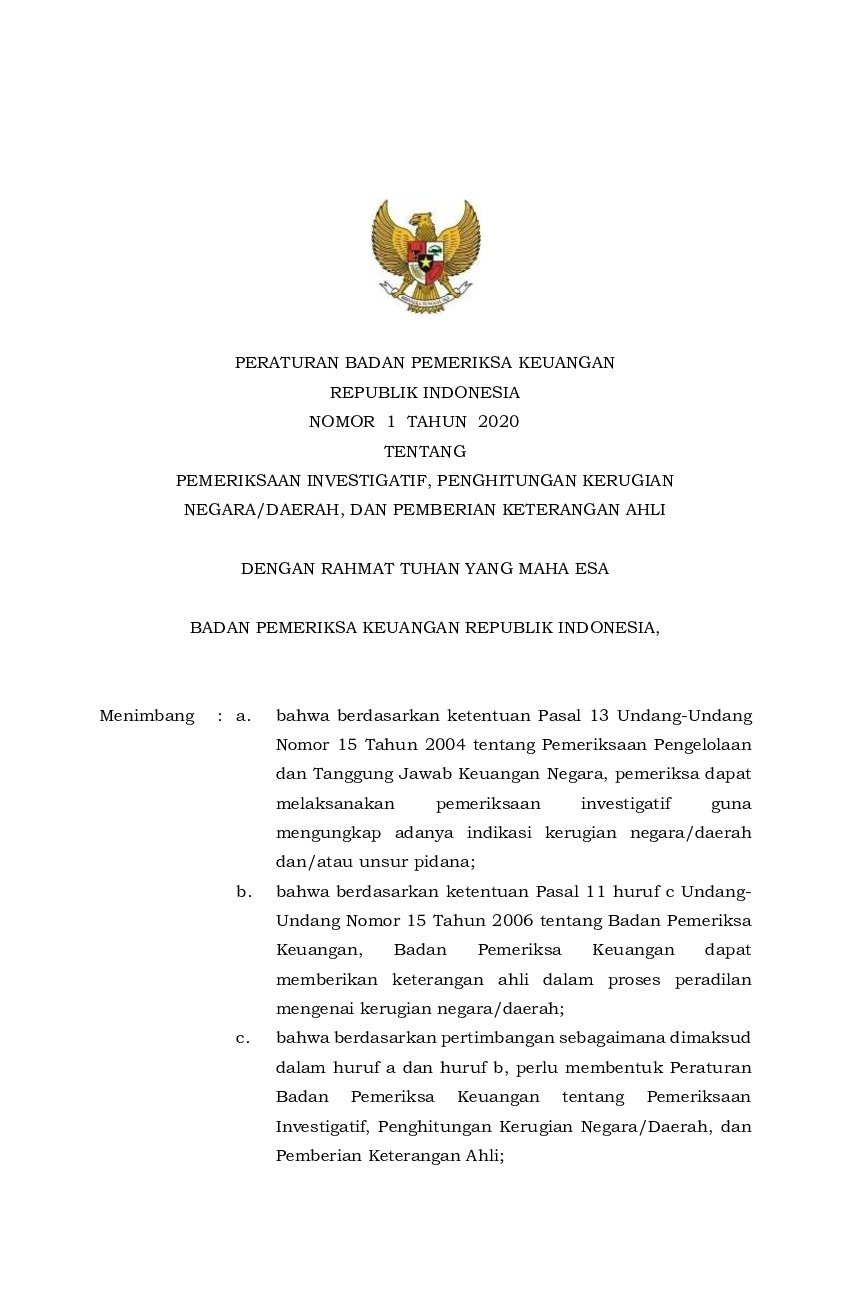 Peraturan Badan Pemeriksa Keuangan RI (BPK-RI) No 1 tahun 2020 tentang ...