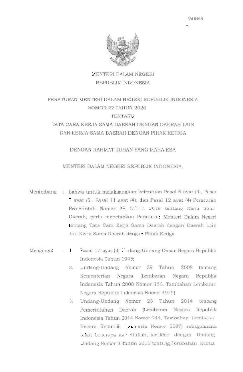 Peraturan Menteri Dalam Negeri No 22 tahun 2020 tentang Tata Cara Kerja Sama Daerah dengan ...