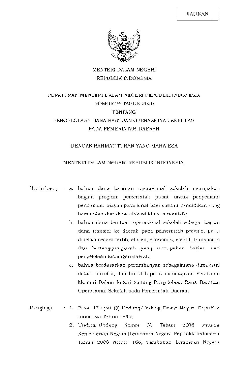 Peraturan Menteri Dalam Negeri No 24 tahun 2020 tentang Pengelolaan Dana Bantuan Operasional ...