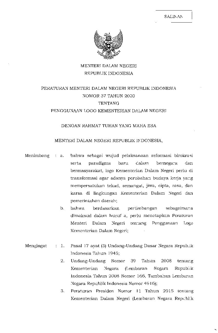 Peraturan Menteri Dalam Negeri No 37 tahun 2020 tentang Penggunaan Logo ...