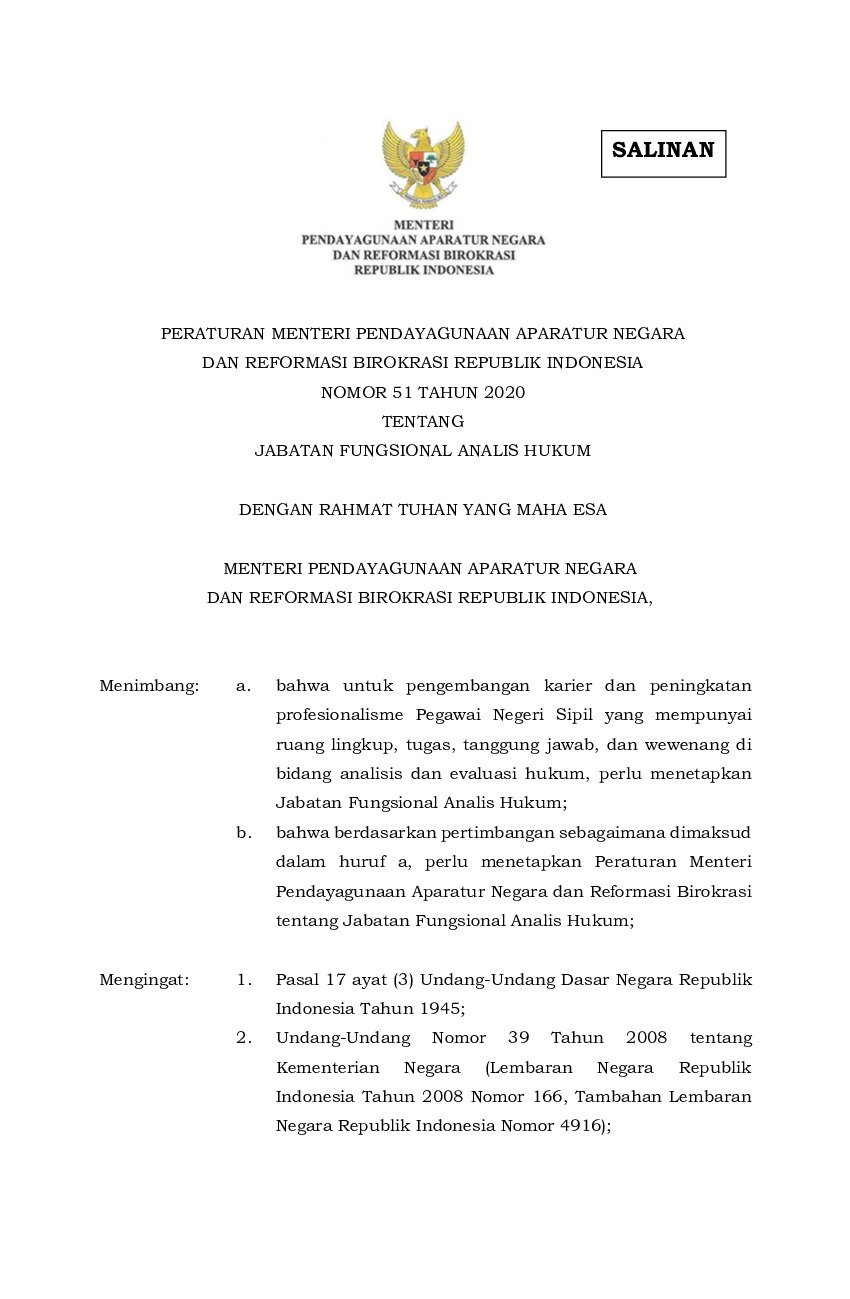 Peraturan Menteri Negara Pendayagunaan Aparatur Negara dan Reformasi Birokrasi No 51 tahun 2020 ...