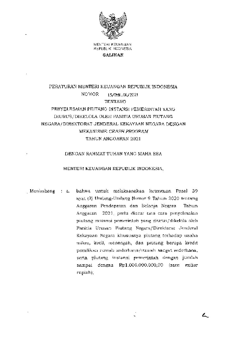 Peraturan Menteri Keuangan No 15/PMK.06/2021 tahun 2021 tentang ...