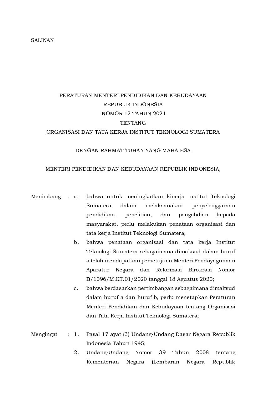 Peraturan Menteri Pendidikan, Kebudayaan, Riset, dan Teknologi (Dikbudristek) No 12 tahun 2021 ...