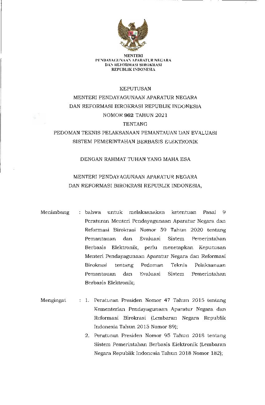 Keputusan Menteri Negara Pendayagunaan Aparatur Negara dan Reformasi Birokrasi No 962 tahun 2021 ...