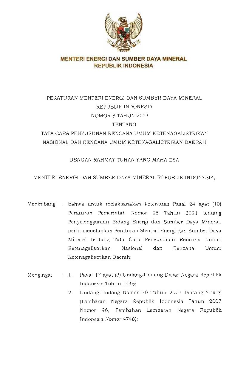 Peraturan Menteri Energi dan Sumber Daya Mineral No 8 tahun 2021 tentang Tata Cara Penyusunan ...