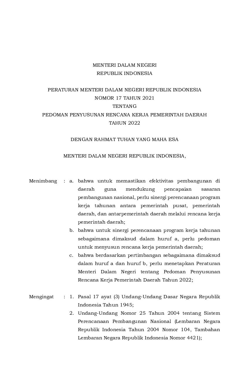 Peraturan Menteri Dalam Negeri No 17 tahun 2021 tentang Pedoman Penyusunan Rencana Kerja ...