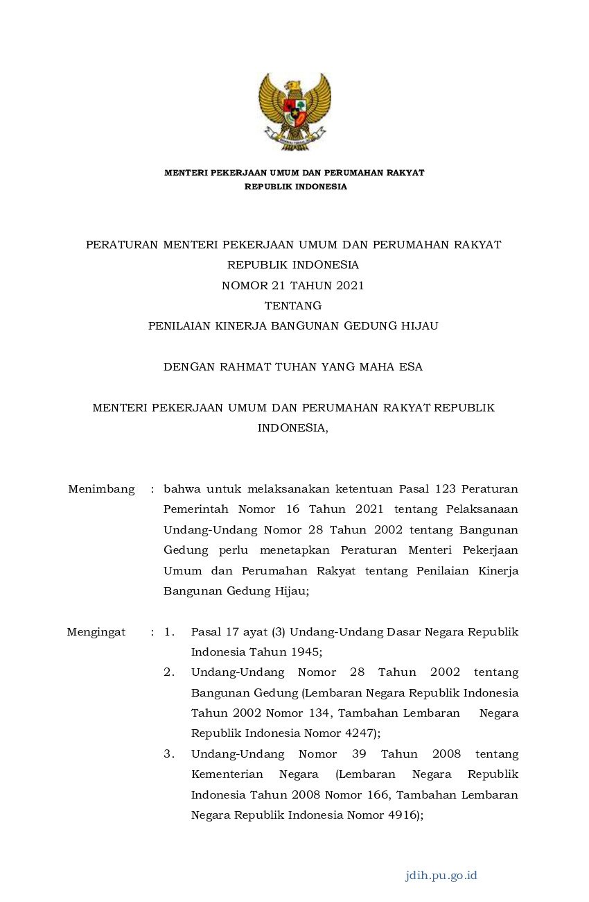 Peraturan Menteri Pekerjaan Umum dan Perumahan Rakyat No 21 tahun 2021 ...