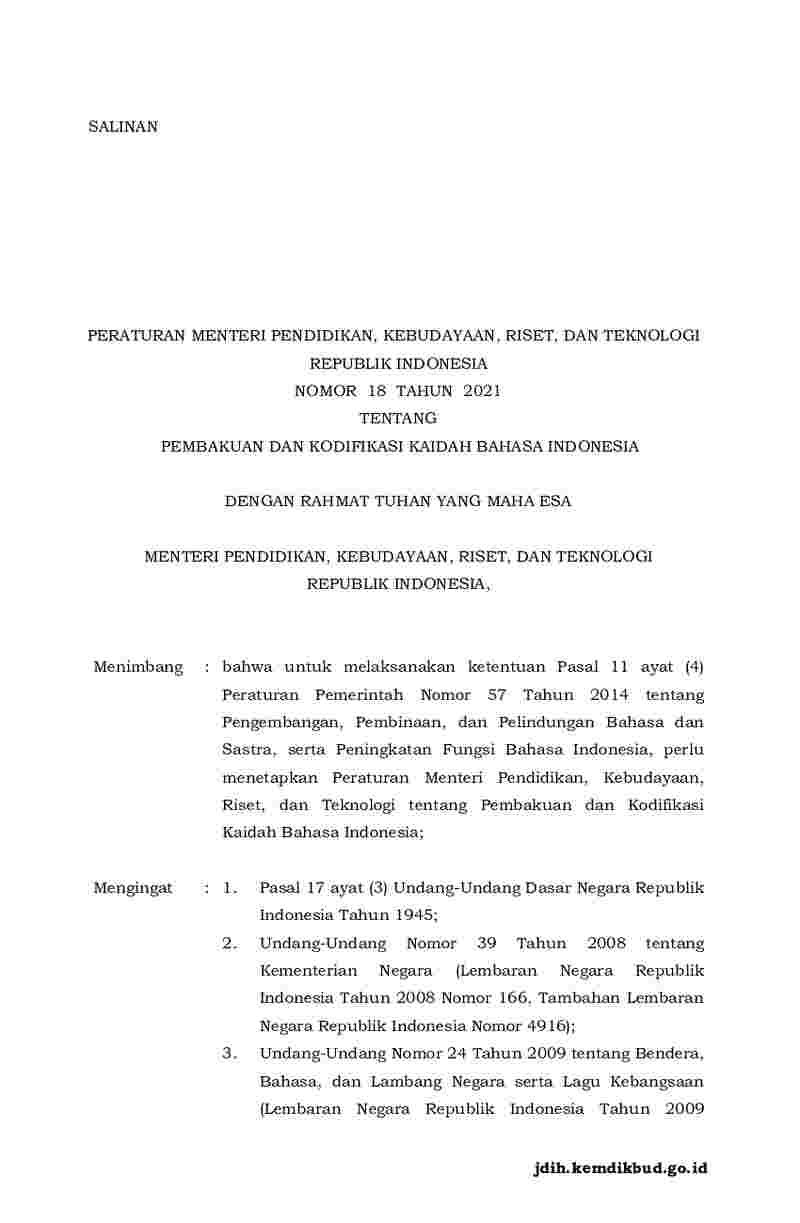 Peraturan Menteri Pendidikan, Kebudayaan, Riset, dan Teknologi (Dikbudristek) No 18 tahun 2021 ...
