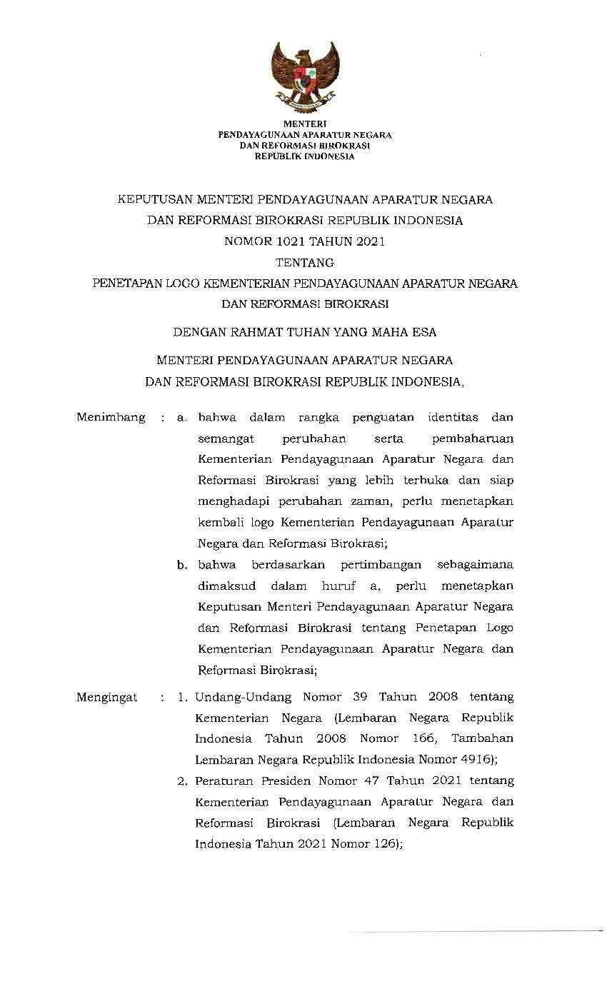 Keputusan Menteri Negara Pendayagunaan Aparatur Negara dan Reformasi Birokrasi No 1021 tahun ...