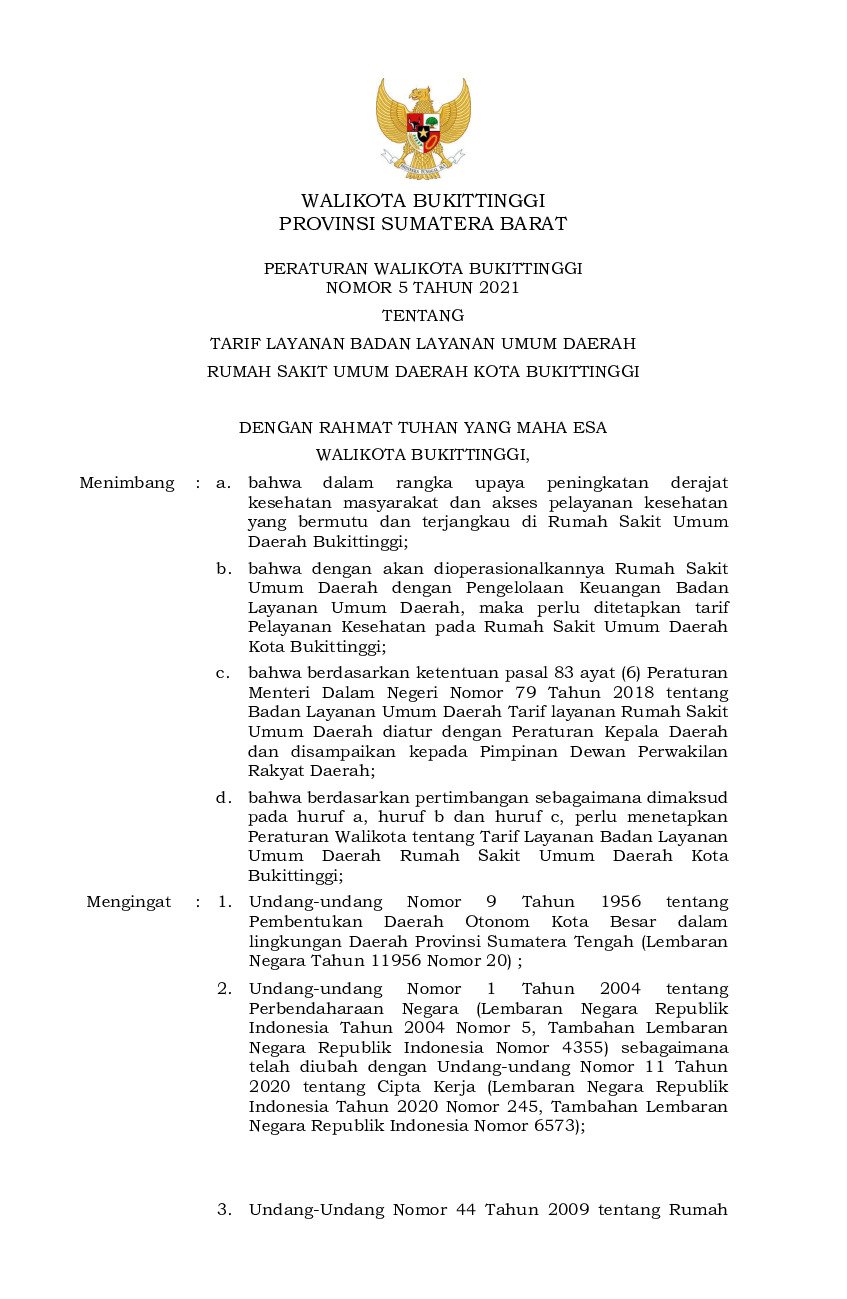 Peraturan Walikota Bukittinggi No 5 tahun 2021 tentang Tarif Layanan ... Peraturan Walikota Bukittinggi No 5 tahun 2021 tentang Tarif Layanan ...