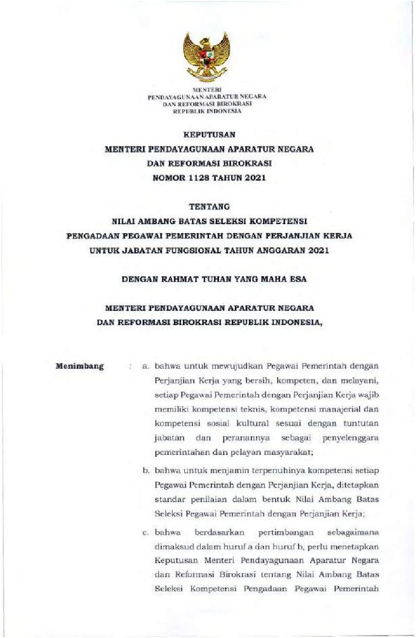 Keputusan Menteri Negara Pendayagunaan Aparatur Negara dan Reformasi Birokrasi No 1128 tahun ...