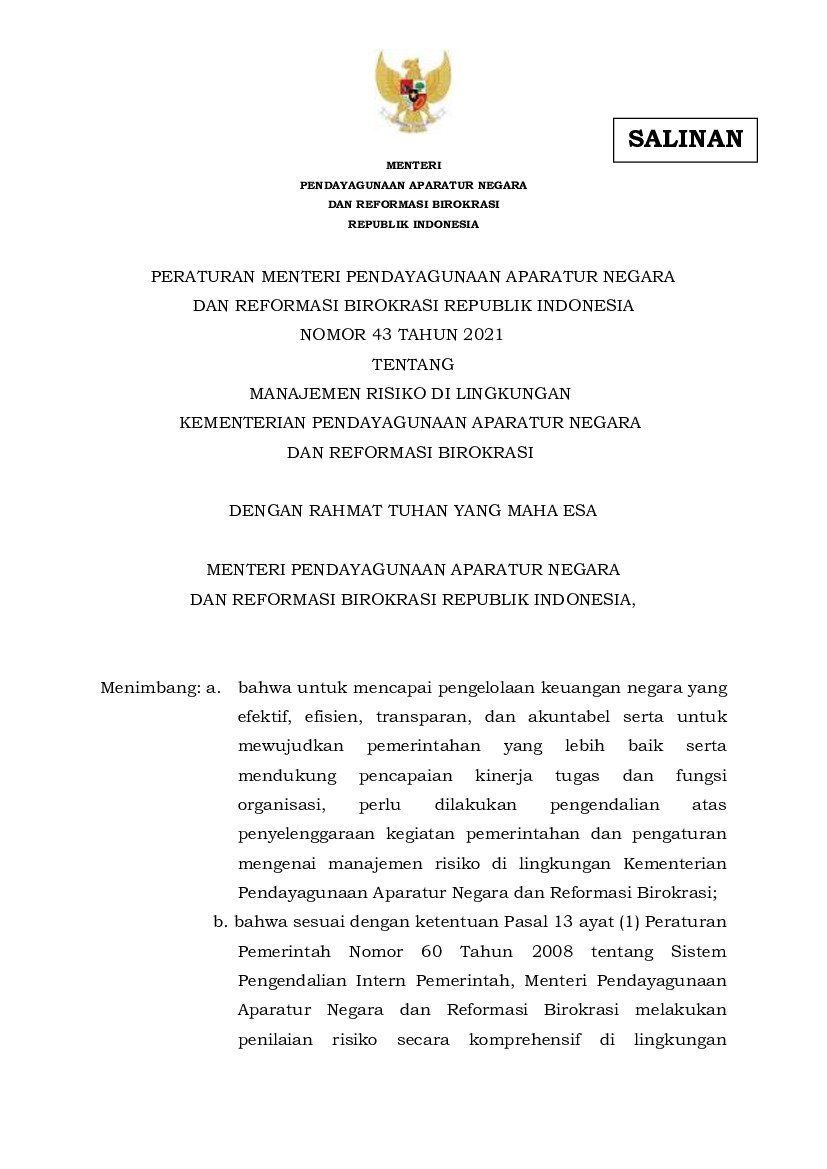 Peraturan Menteri Negara Pendayagunaan Aparatur Negara dan Reformasi Birokrasi No 43 tahun 2021 ...