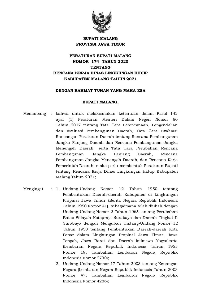 Peraturan Bupati Malang No 174 tahun 2020 tentang Rencana Kerja Dinas ... Peraturan Bupati Malang No 174 tahun 2020 tentang Rencana Kerja Dinas ...