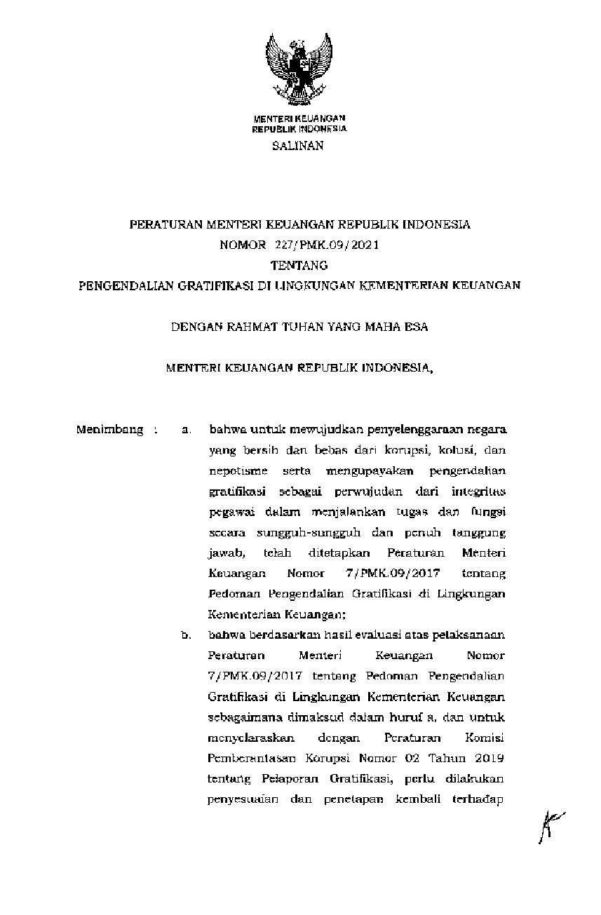 Peraturan Menteri Keuangan No 227/PMK.09/2021 tahun 2021 tentang Pengendalian Gratifikasi di ...