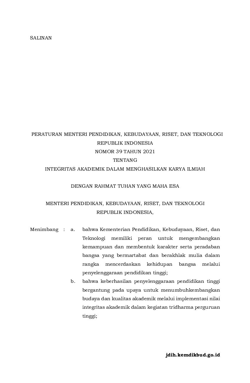 Peraturan Menteri Pendidikan, Kebudayaan, Riset, dan Teknologi (Dikbudristek) No 39 tahun 2021 ...