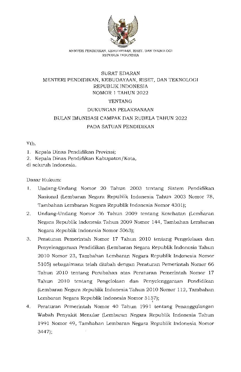 Surat Edaran Menteri Pendidikan dan Kebudayaan No 1 tahun 2022 tentang Dukungan Pelaksanaan ...