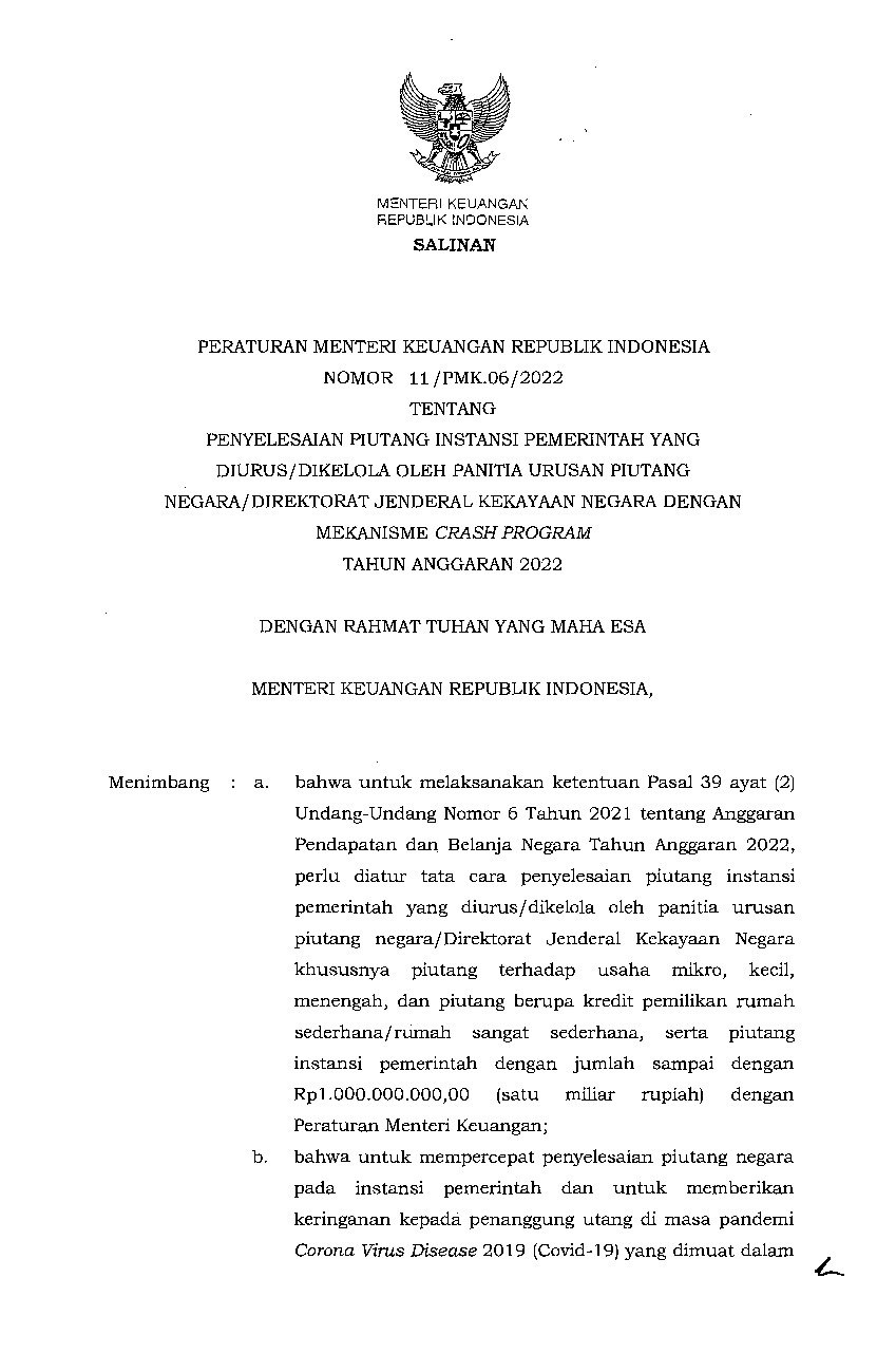 Peraturan Menteri Keuangan No 11/PMK.06/2022 tahun 2022 tentang ...