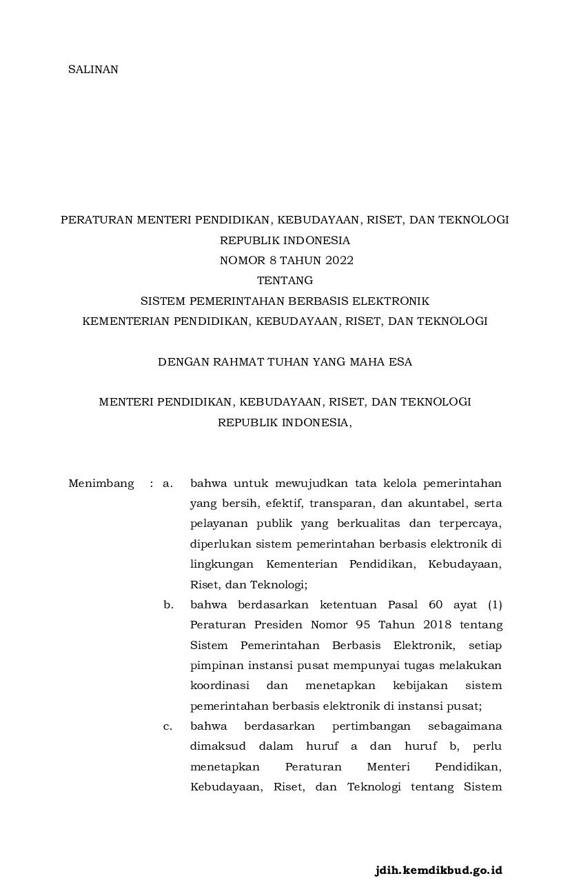Peraturan Menteri Pendidikan, Kebudayaan, Riset, dan Teknologi (Dikbudristek) No 8 tahun 2022 ...