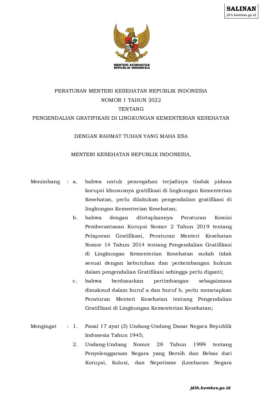 Peraturan Menteri Kesehatan No 1 tahun 2022 tentang Pengendalian Gratifikasi di Lingkungan ...