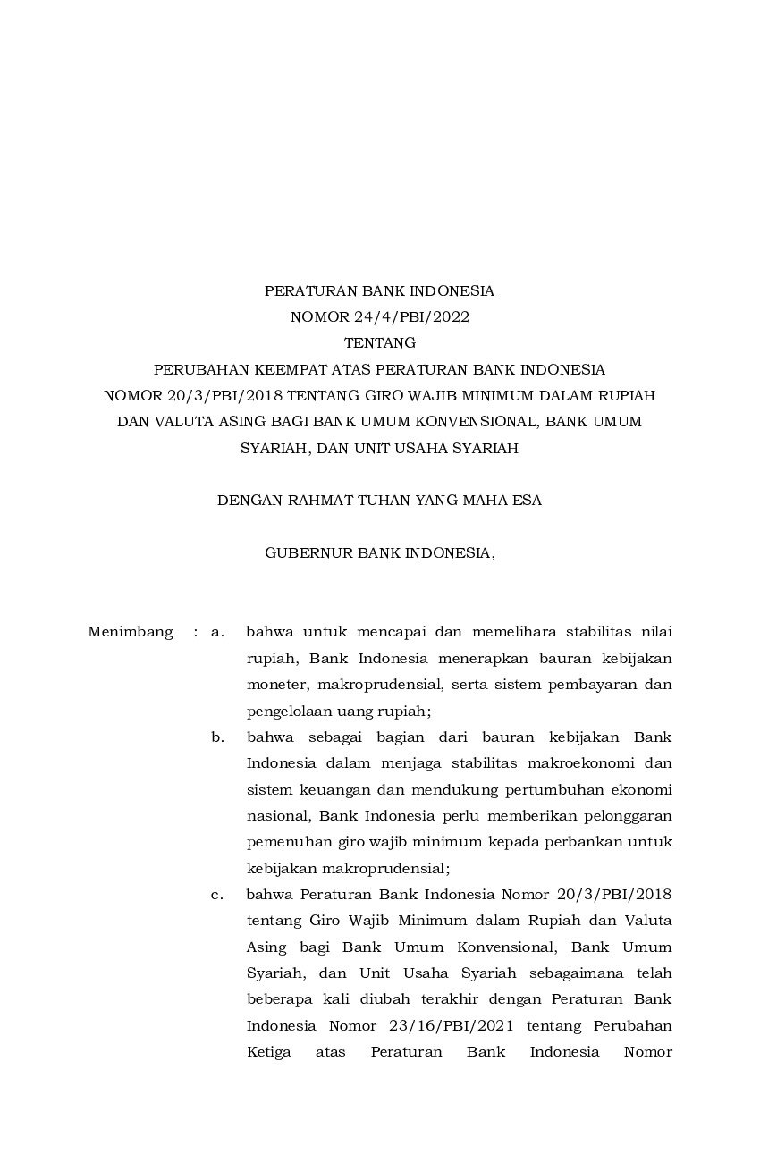 Peraturan Bank Indonesia No 24/4/PBI/2022 tahun 2022 tentang Perubahan ... Peraturan Bank Indonesia No 24/4/PBI/2022 tahun 2022 tentang Perubahan ...