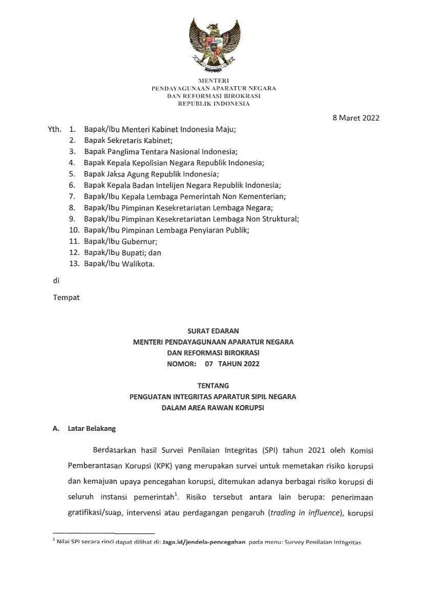 Surat Edaran Menteri Negara Pendayagunaan Aparatur Negara dan Reformasi Birokrasi No 7 tahun ...