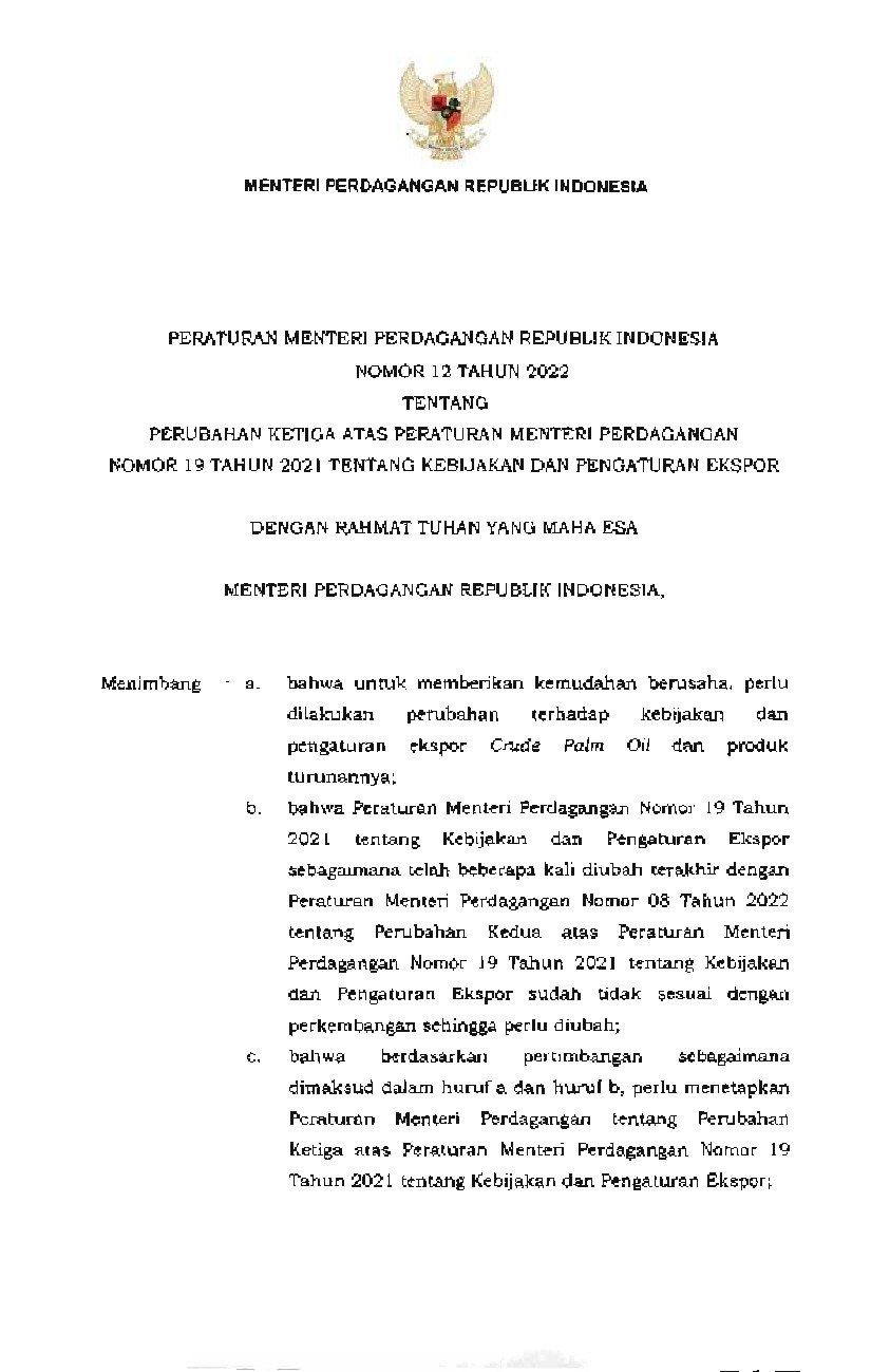 Peraturan Menteri Perdagangan No 12 tahun 2022 tentang Perubahan Ketiga ... Peraturan Menteri Perdagangan No 12 tahun 2022 tentang Perubahan Ketiga ...