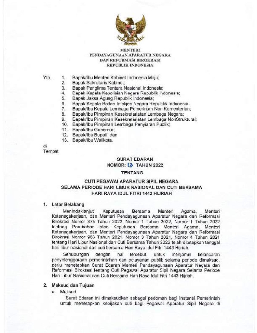 Surat Edaran Menteri Negara Pendayagunaan Aparatur Negara dan Reformasi Birokrasi No 13 tahun ...