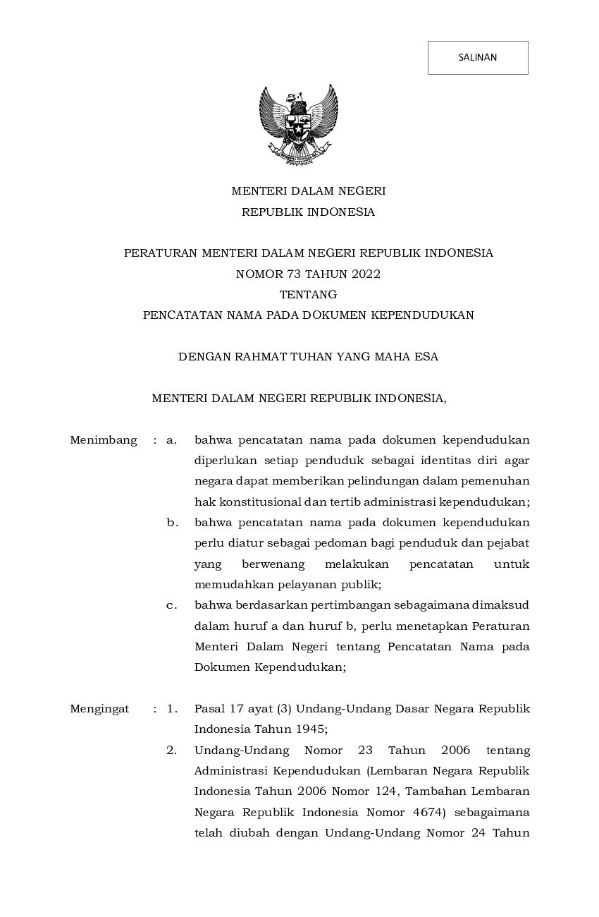 Peraturan Menteri Dalam Negeri No 73 tahun 2022 tentang Pencatatan Nama ... Peraturan Menteri Dalam Negeri No 73 tahun 2022 tentang Pencatatan Nama ...