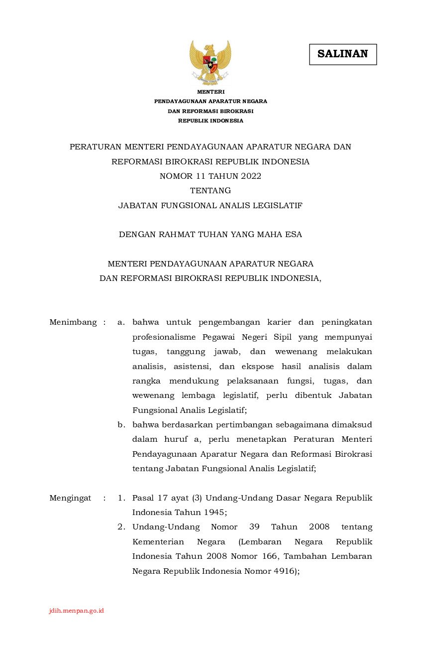 Peraturan Menteri Negara Pendayagunaan Aparatur Negara dan Reformasi Birokrasi No 11 tahun 2022 ...
