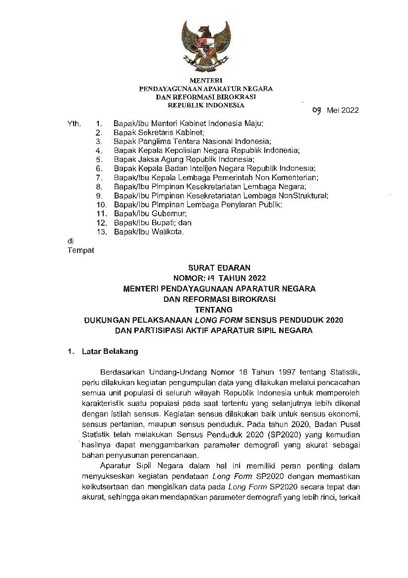 Surat Edaran Menteri Negara Pendayagunaan Aparatur Negara dan Reformasi Birokrasi No 14 tahun ...