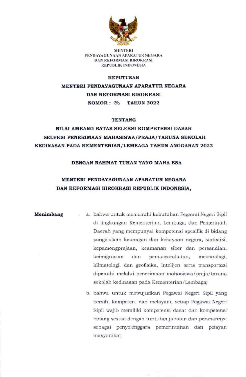 Keputusan Menteri Negara Pendayagunaan Aparatur Negara dan Reformasi Birokrasi No 93 tahun 2022 ...