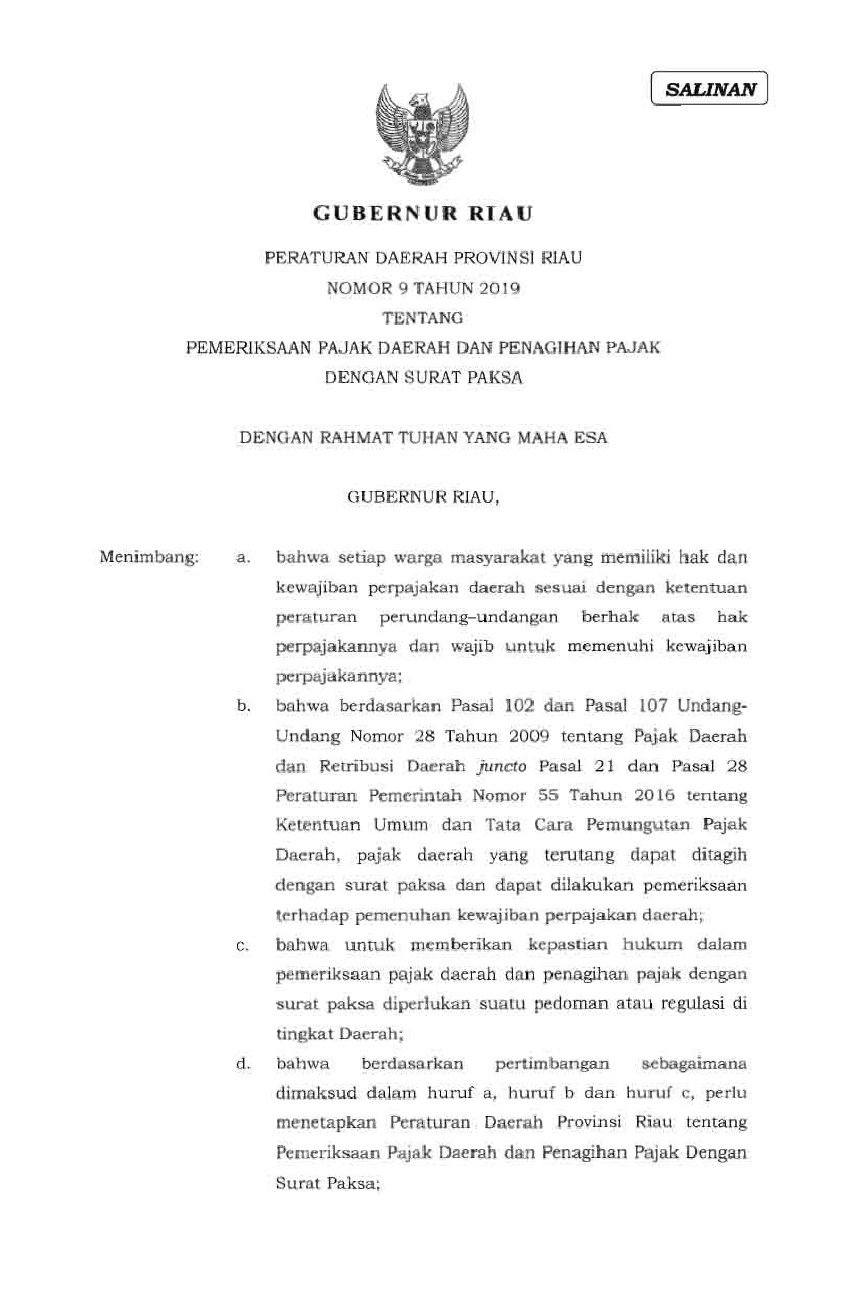 Peraturan Daerah Provinsi Riau No 9 tahun 2019 tentang Pemeriksaan ... Peraturan Daerah Provinsi Riau No 9 tahun 2019 tentang Pemeriksaan ...